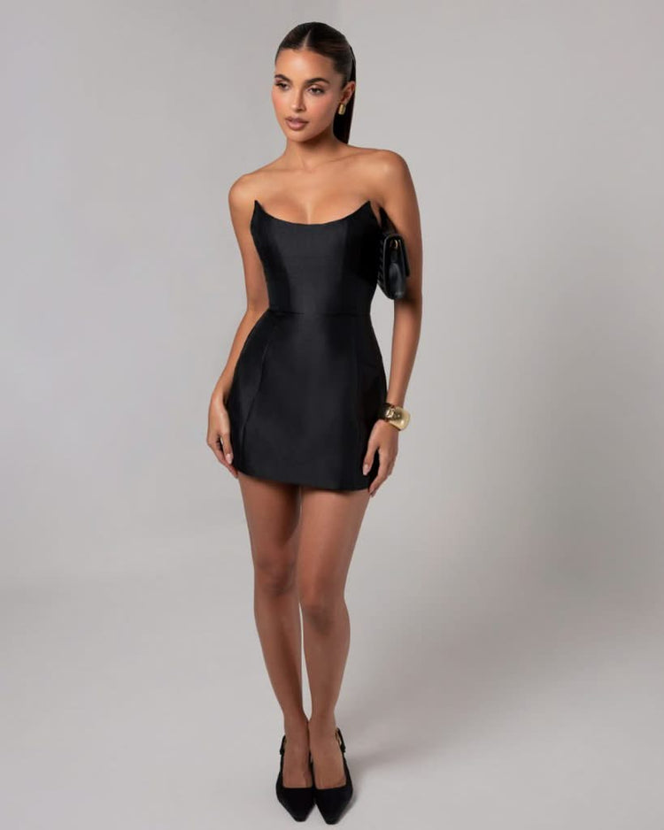 Black strapless sheen corset mini dress - HEIRESS BEVERLY HILLS