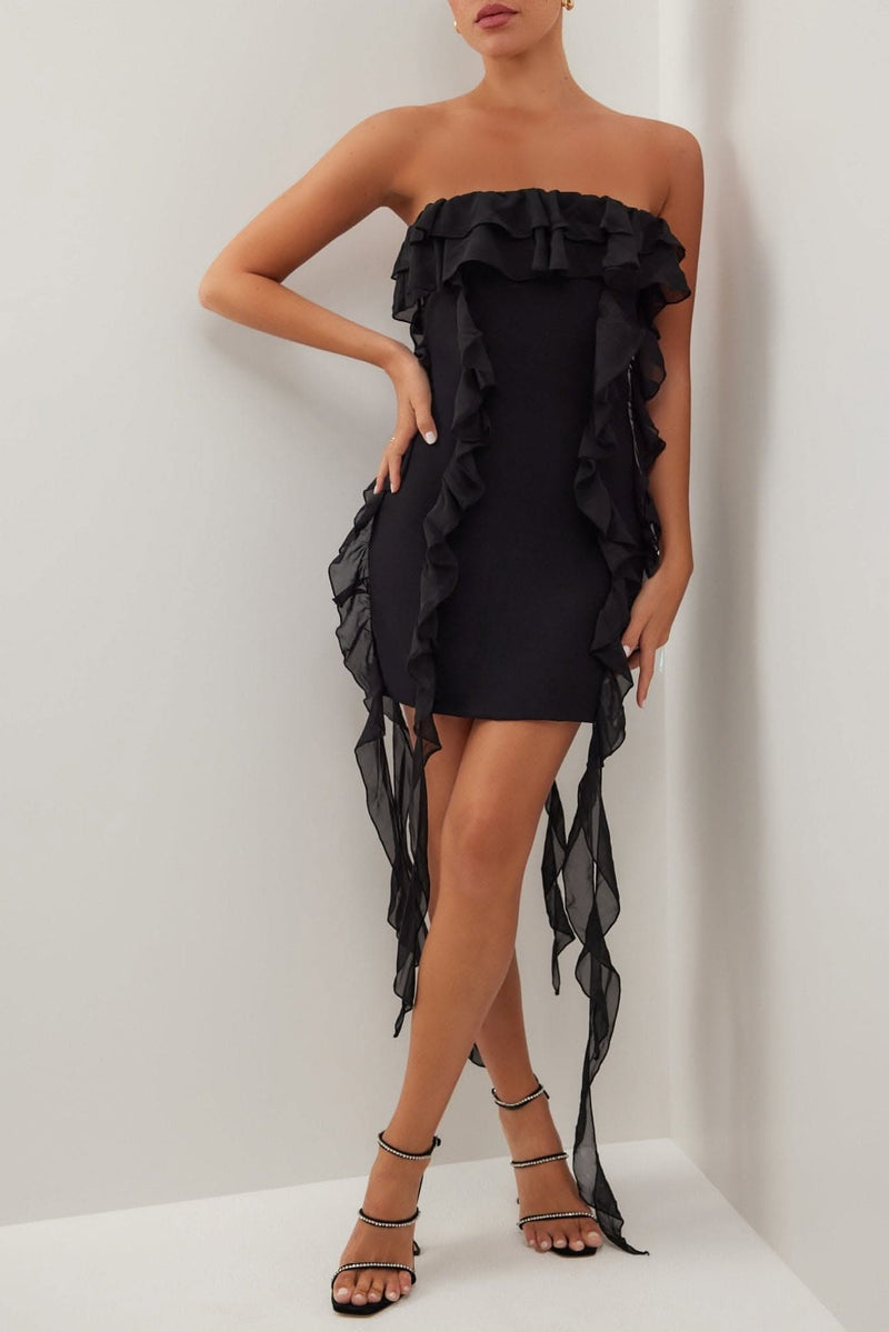 Black lace corset draped mini dress